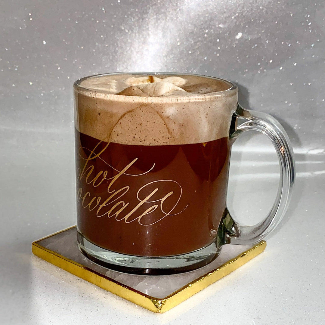 Engraved Gold 'Hot Chocolate' Calligraphy Glass Mug – Roshae Designs ...